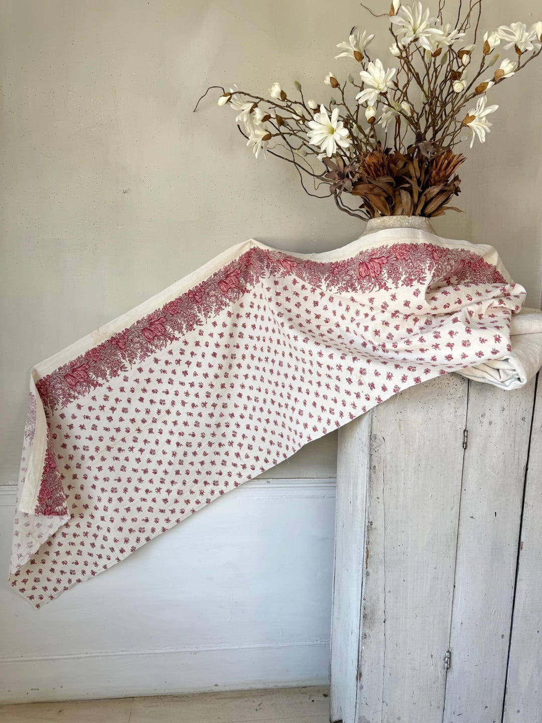 112x26 Vintage Suzanne Fontan Fabric Pink Floral RARE Fichu Pattern ...