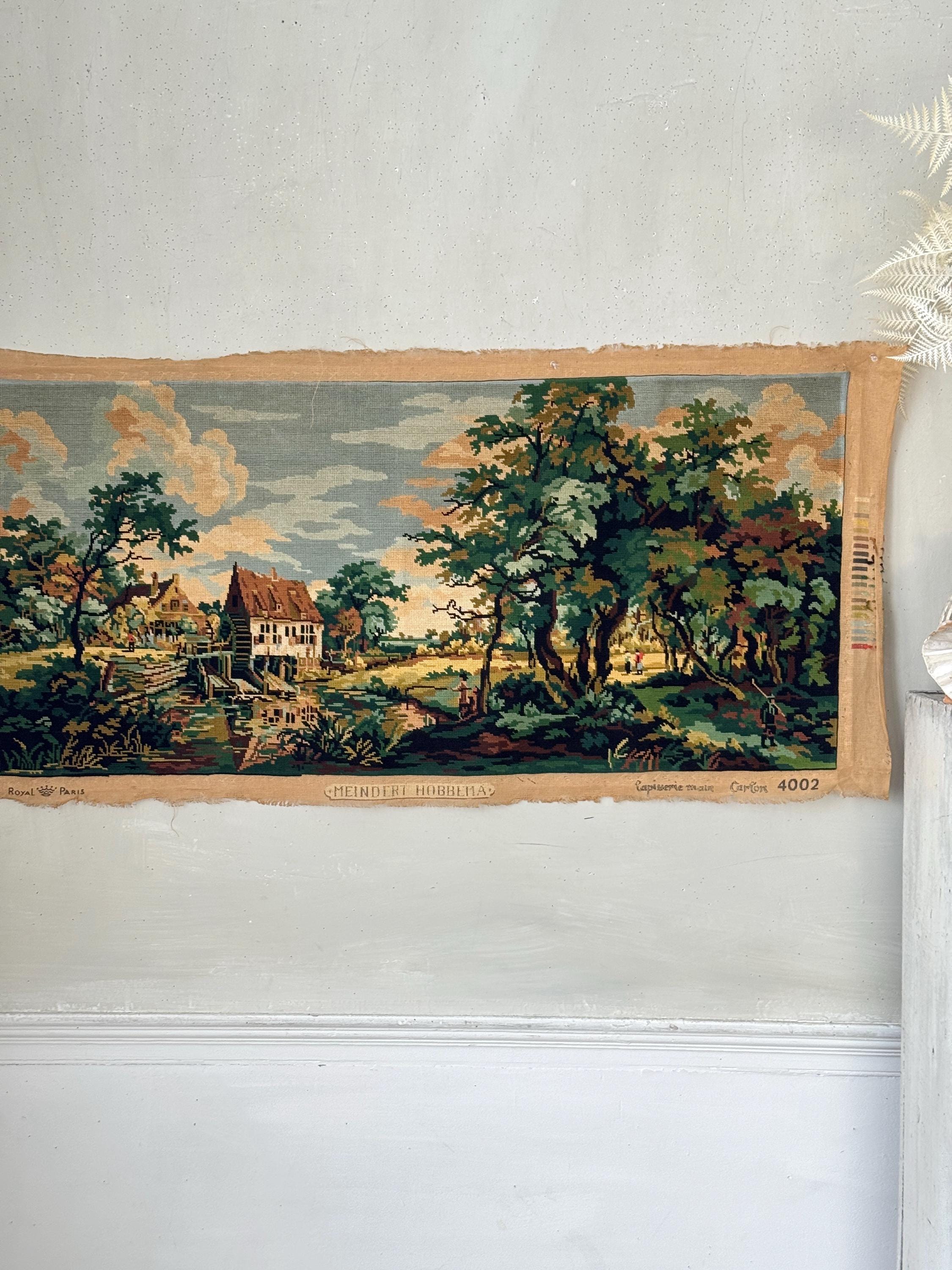 3.7ft X 1.7ft Vintage Needlework Wall Hanging 1940’s European Landscape ...