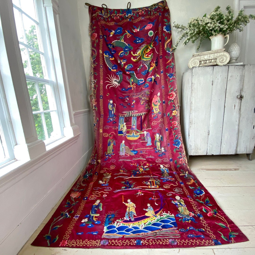 Antique Embroidery Embroidered Chinese Chinoiserie Curtain Drapeunique ...