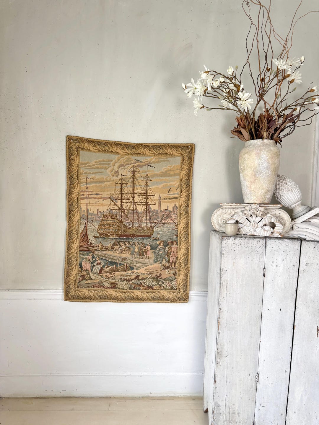 41x34 Vintage French Wall Tapestry Port Scene Sailing Ship Venice ...