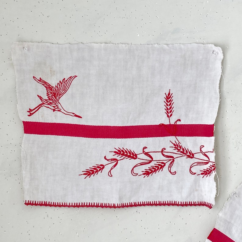 French Vintage 1930's Red Work Embroidery Alsace Alsatian Linen Redwork Embordered Fabric Eco ...