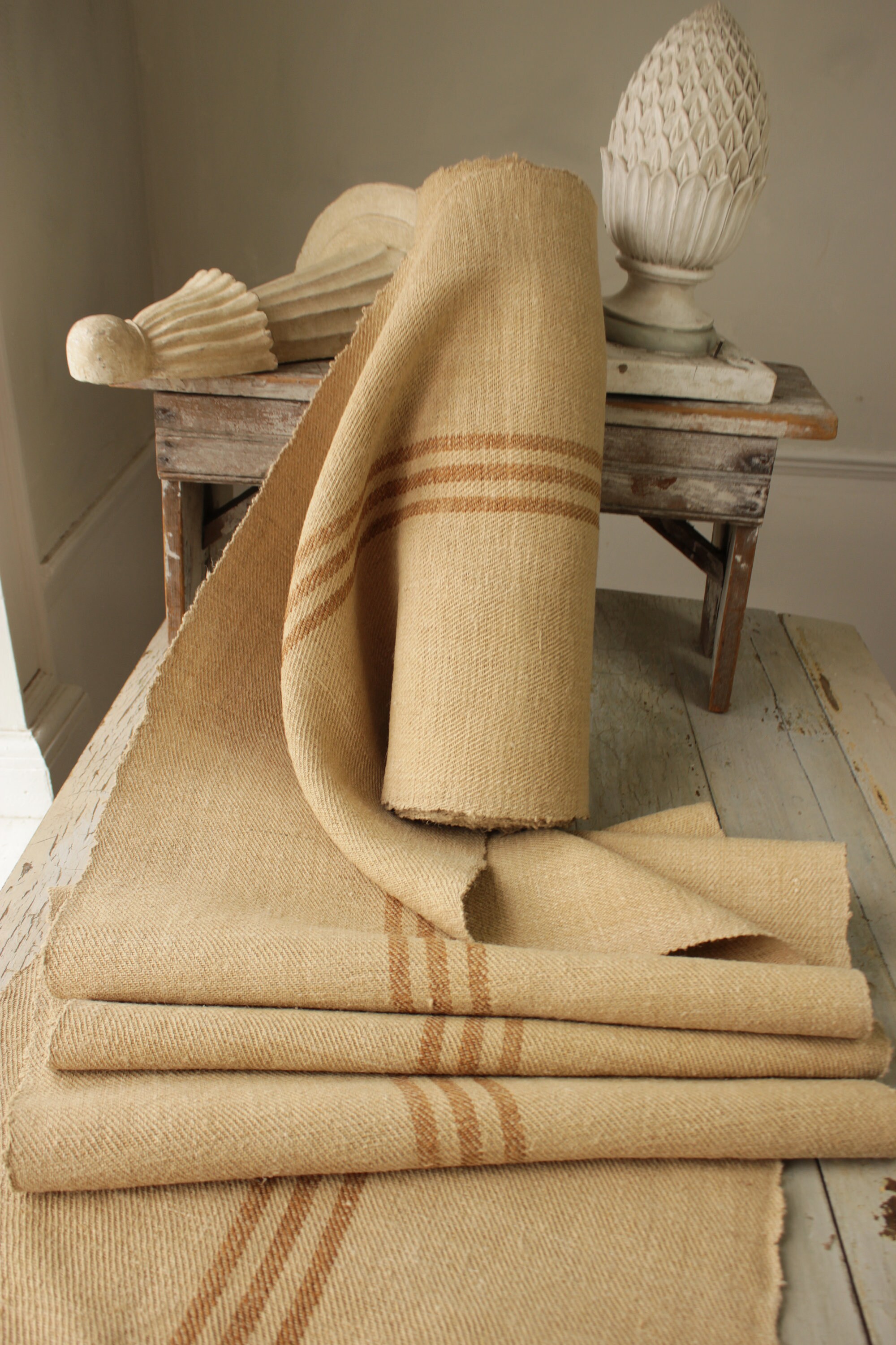 Grain Sack Fabric Antique Homespun Linen Caramel Striped Hemp by the ...