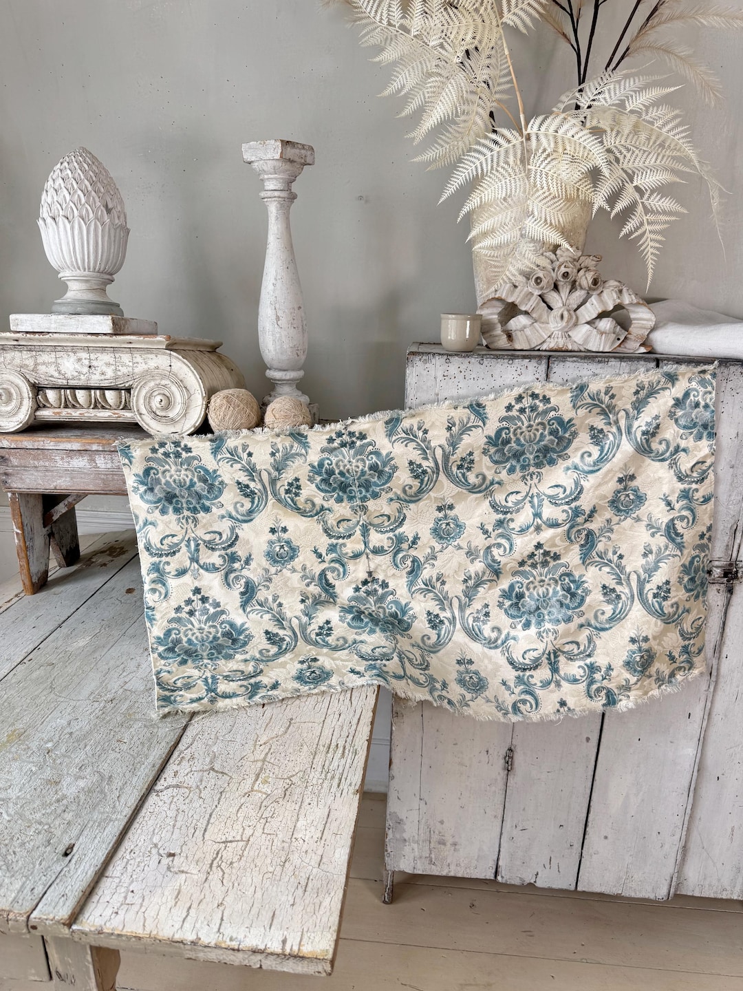 41x23 1980's Vintage French Damask Icy Blue Cream Pillow Fabric ...