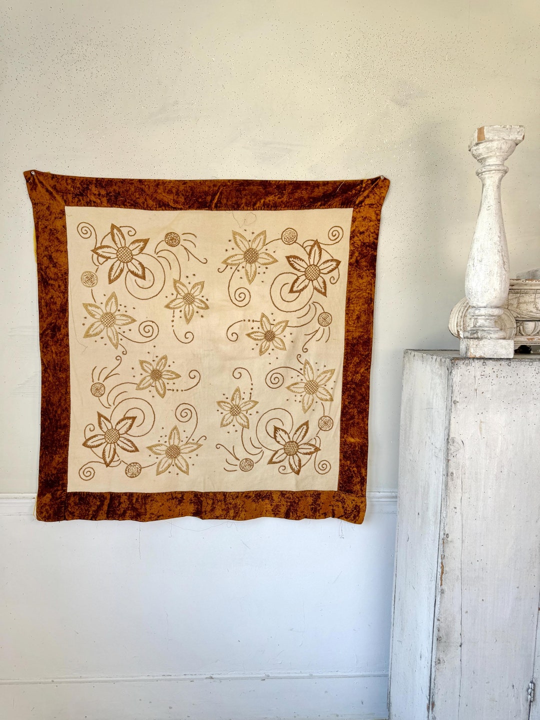 40x40 Antique 1920's Tablecloth Wall Art Embroidered Floral Design ...