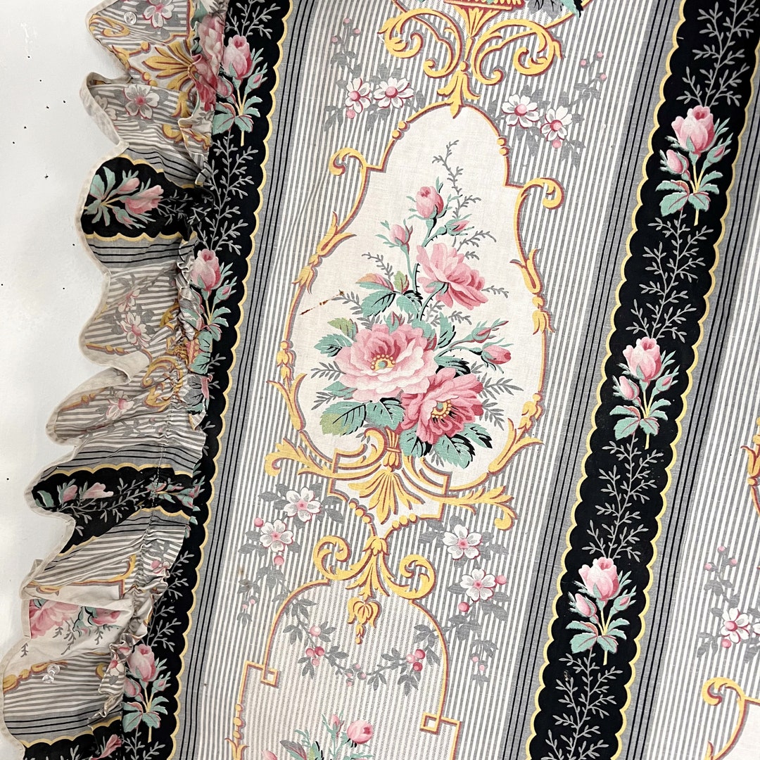 Floral Cartouche and Stripe Curtain Drape Cotton Fabric Black Gray ...