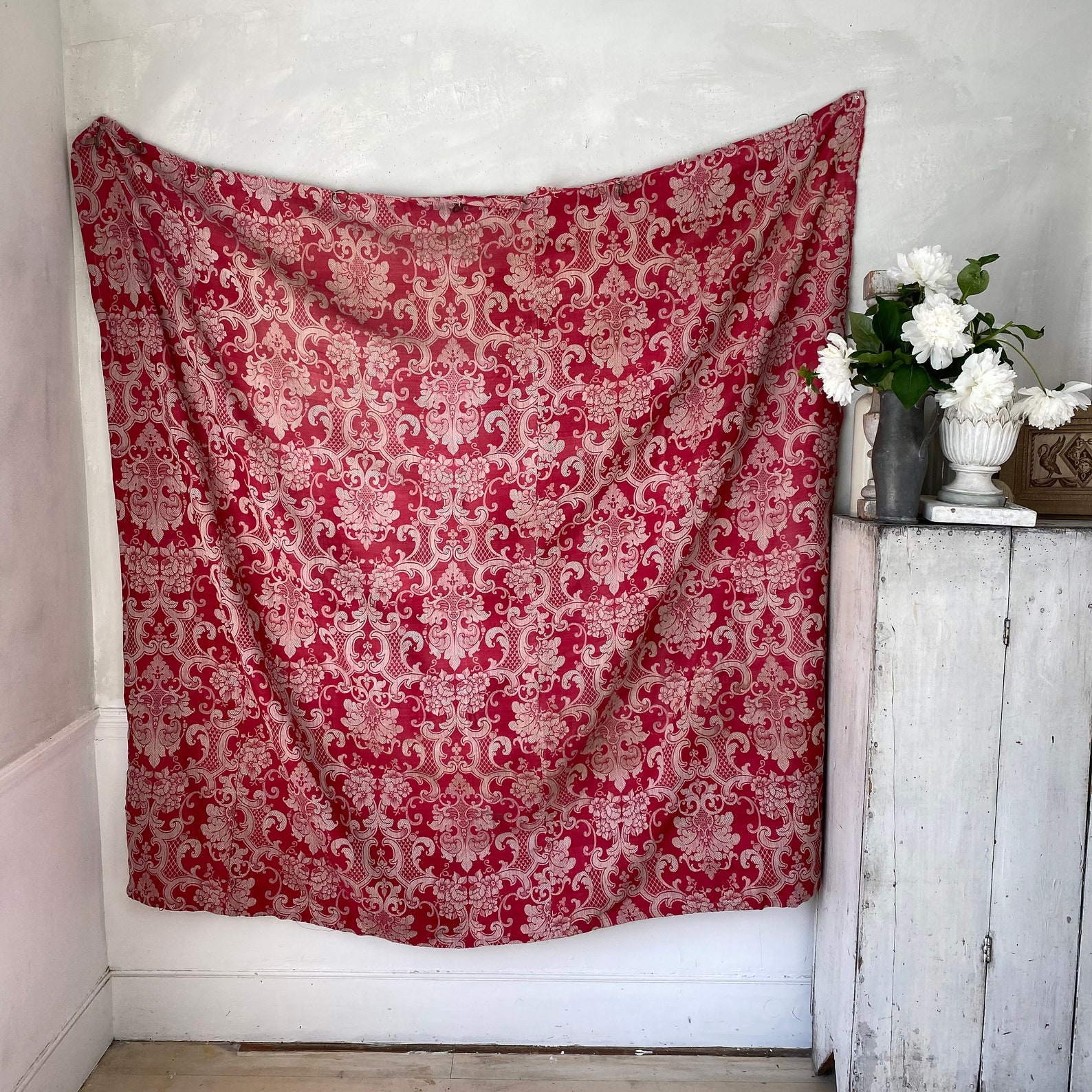 Antique French Red Damask Fabric 1850 Fabric Upholstery Curtain Fabric ...