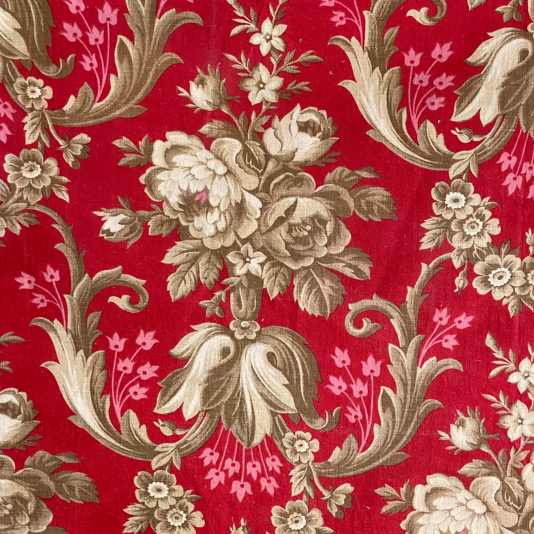 Rococo 1860 Antique French Fabric RED Roller Printed Cotton for Pillows ...