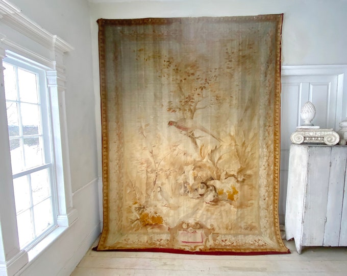 LARGE C 1880 Mural Antique Tapestry French Hunting Birds Painted Canvas ...
