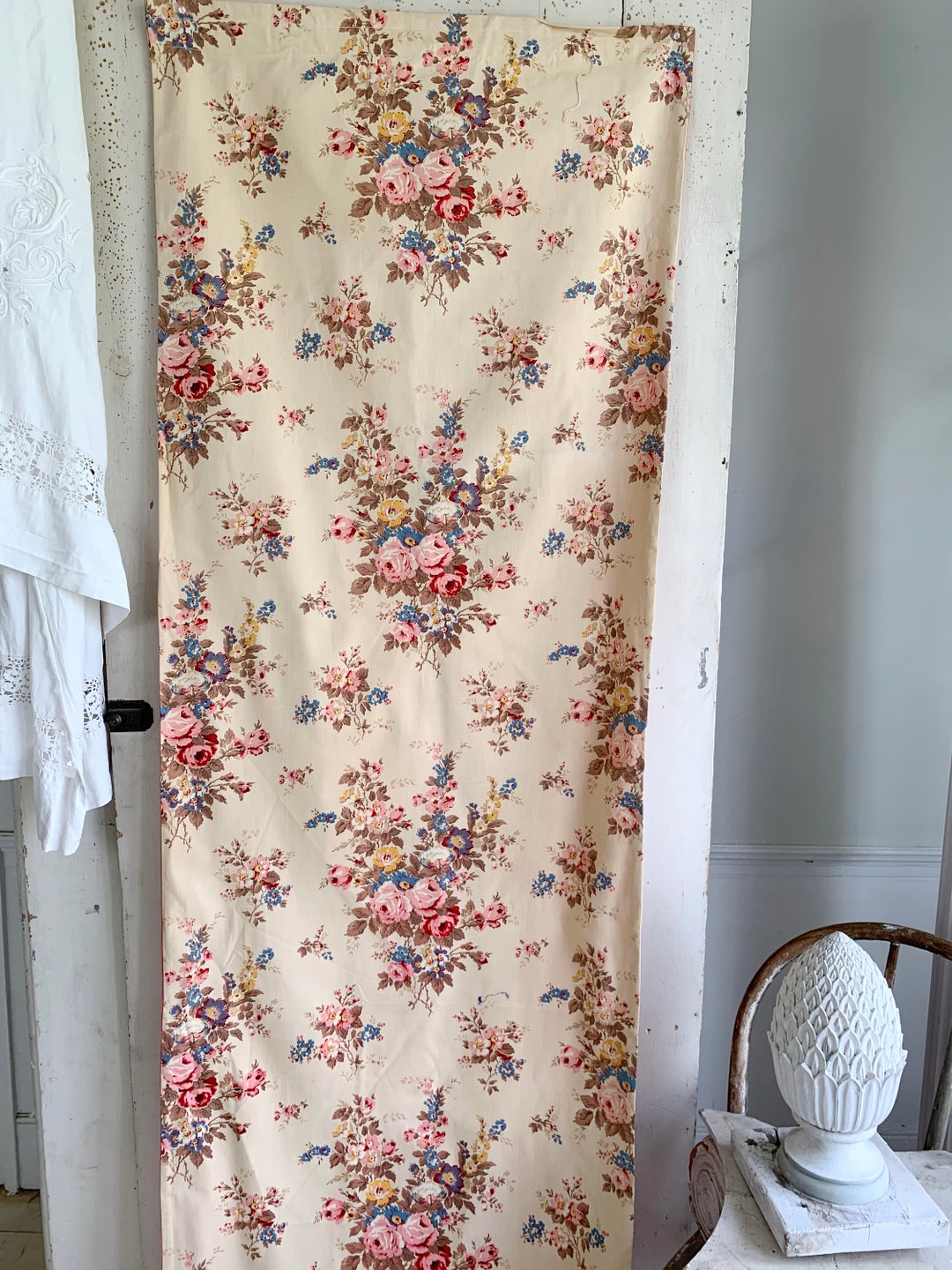 93 X 24.5 Vintage Curtain French Cabbage Roses Fabric Can Be Used for ...