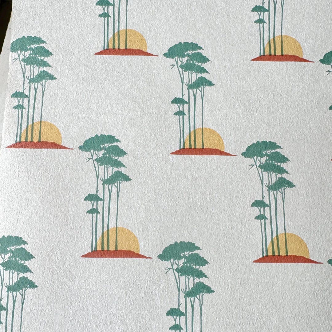5.9 Yards ( 11.8 Avail) Vintage Art Deco Wallpaper Tree Sun Style ...
