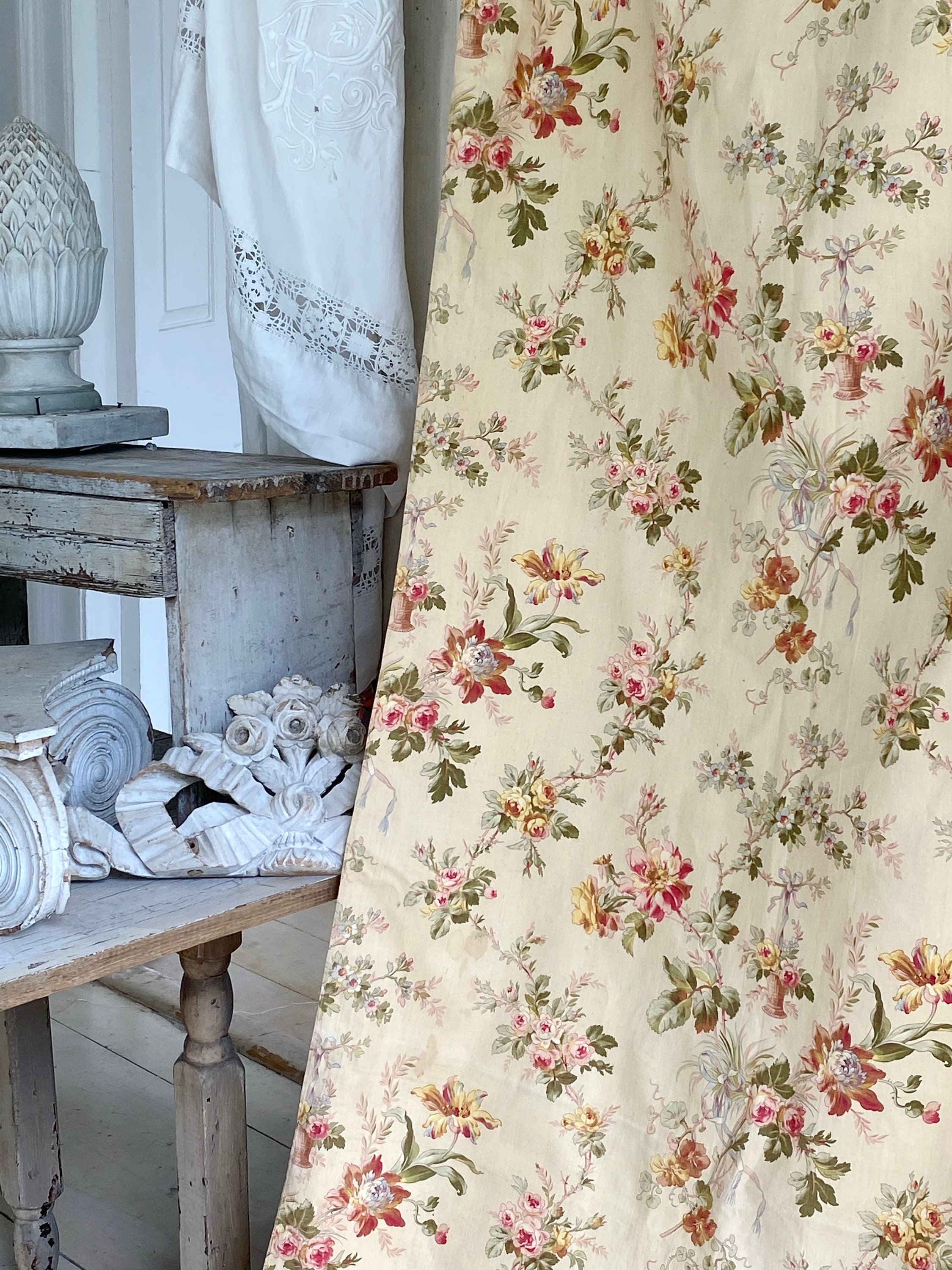 Botanical Antique Fabric From France Floral Basket Design - Etsy