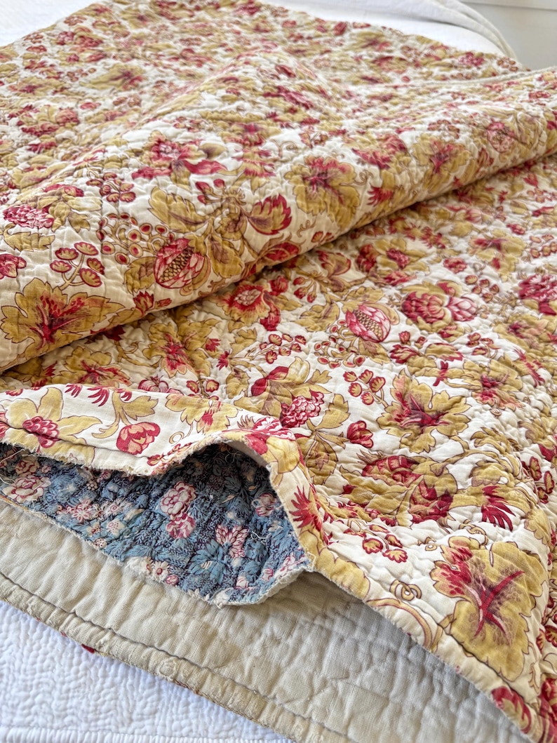 88x85 Antique French Quilt Boutis 1870 Over 1790 Blue Layer Handspun ...