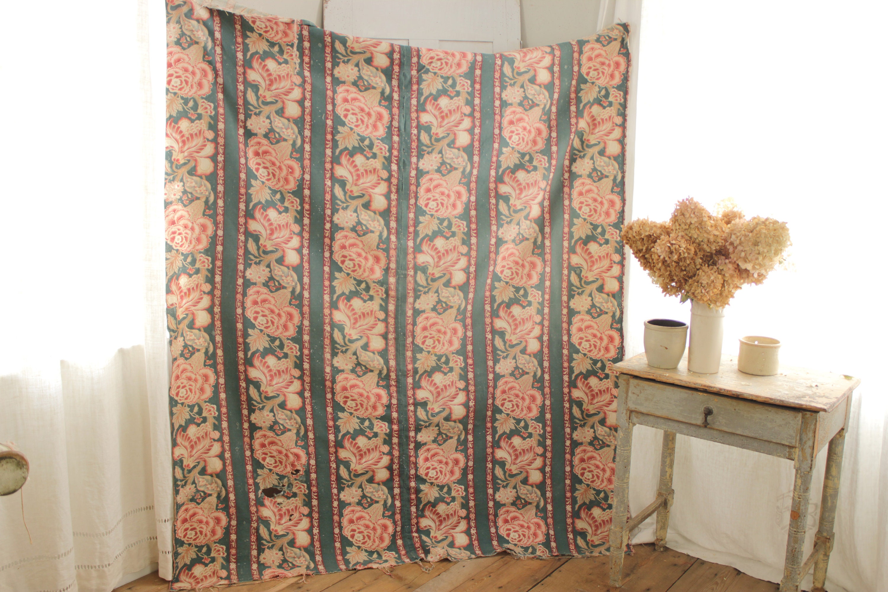 French Fabric Floral Cretonne Weave Printed Cotton Antique Textile ...
