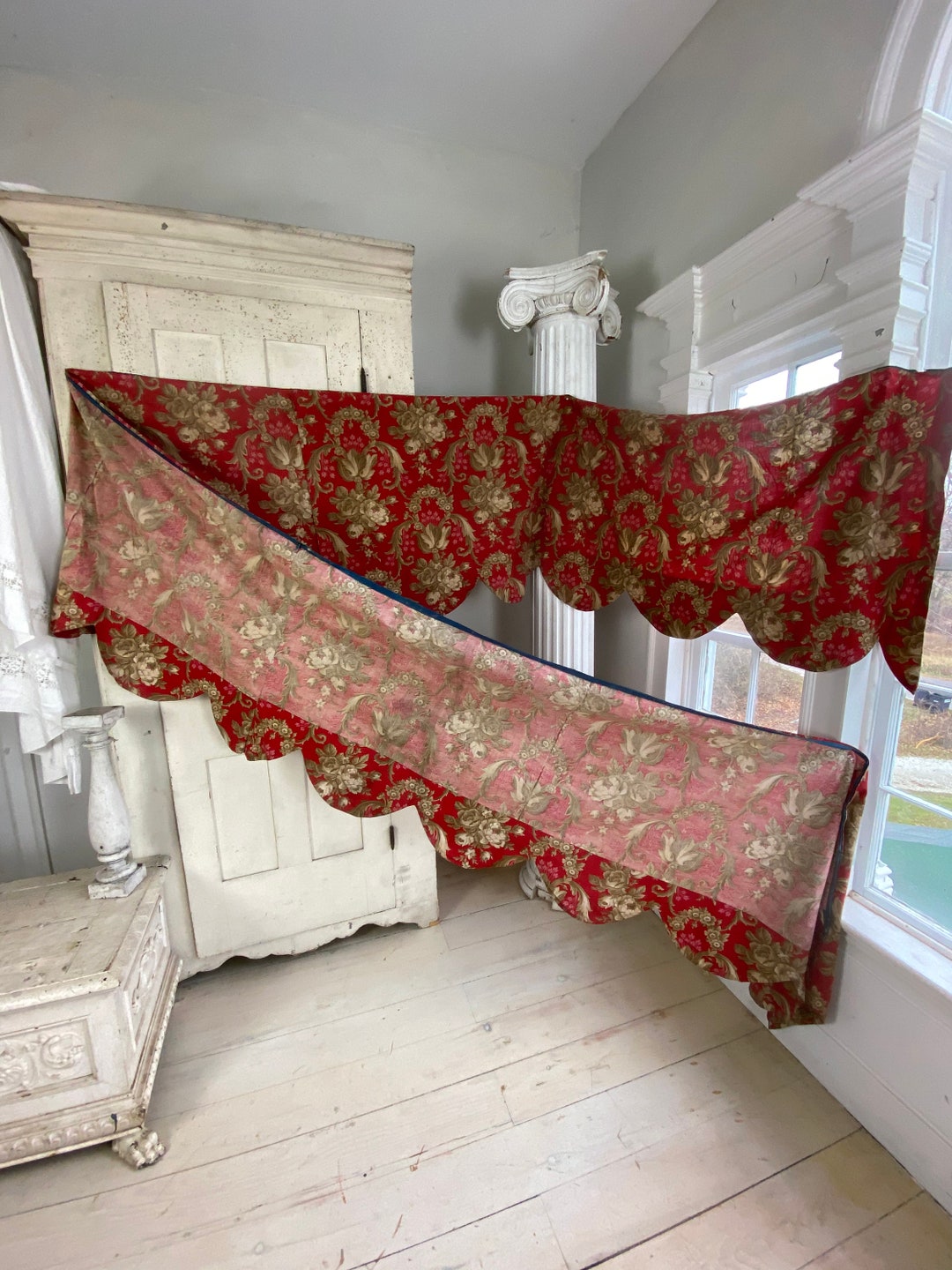 Rococo 1860 Antique French Fabric RED Roller Printed Cotton for Pillows ...