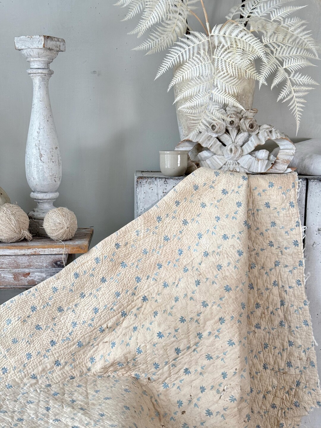1720 71x36 AMAZING RARE Blue Floral French Block Printed 1700's Quilted ...