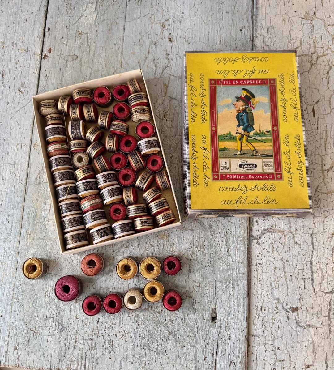 48 Vintage 1930s French Linen Thread Spools in Original Box Cottagecore ...