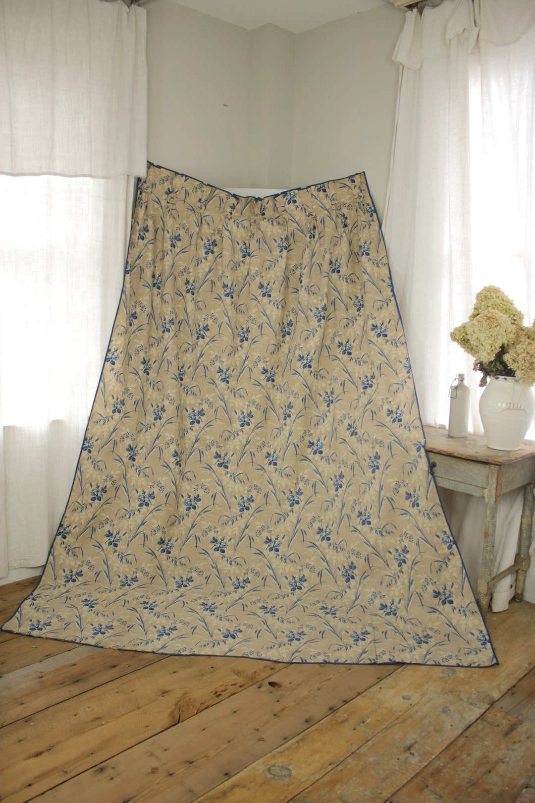 Antique Curtain French Blue Floral 1860 Printed Drape Country Farmhouse ...