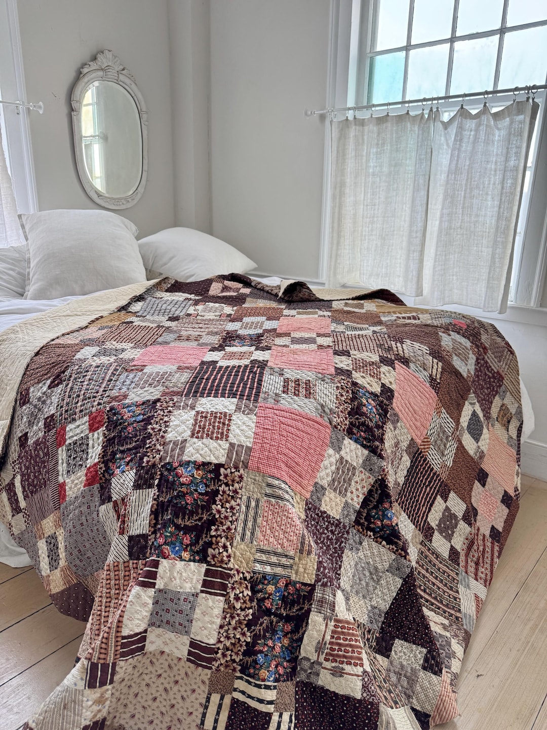 90x85 1850 Antique Farmhouse Patchwork Quilt Autumnal Old Madder Brown ...