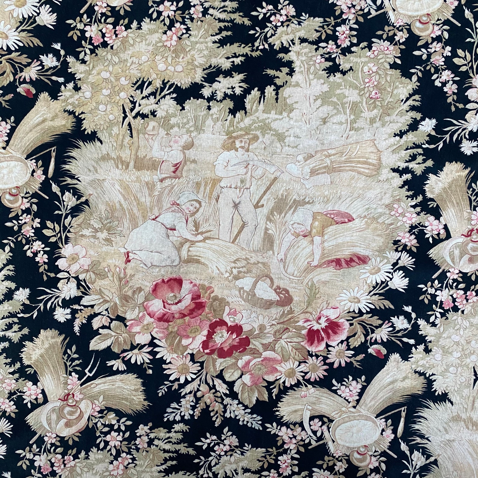 STUNNING Wheat Flax Workers Pattern Black Ground Antique | Etsy