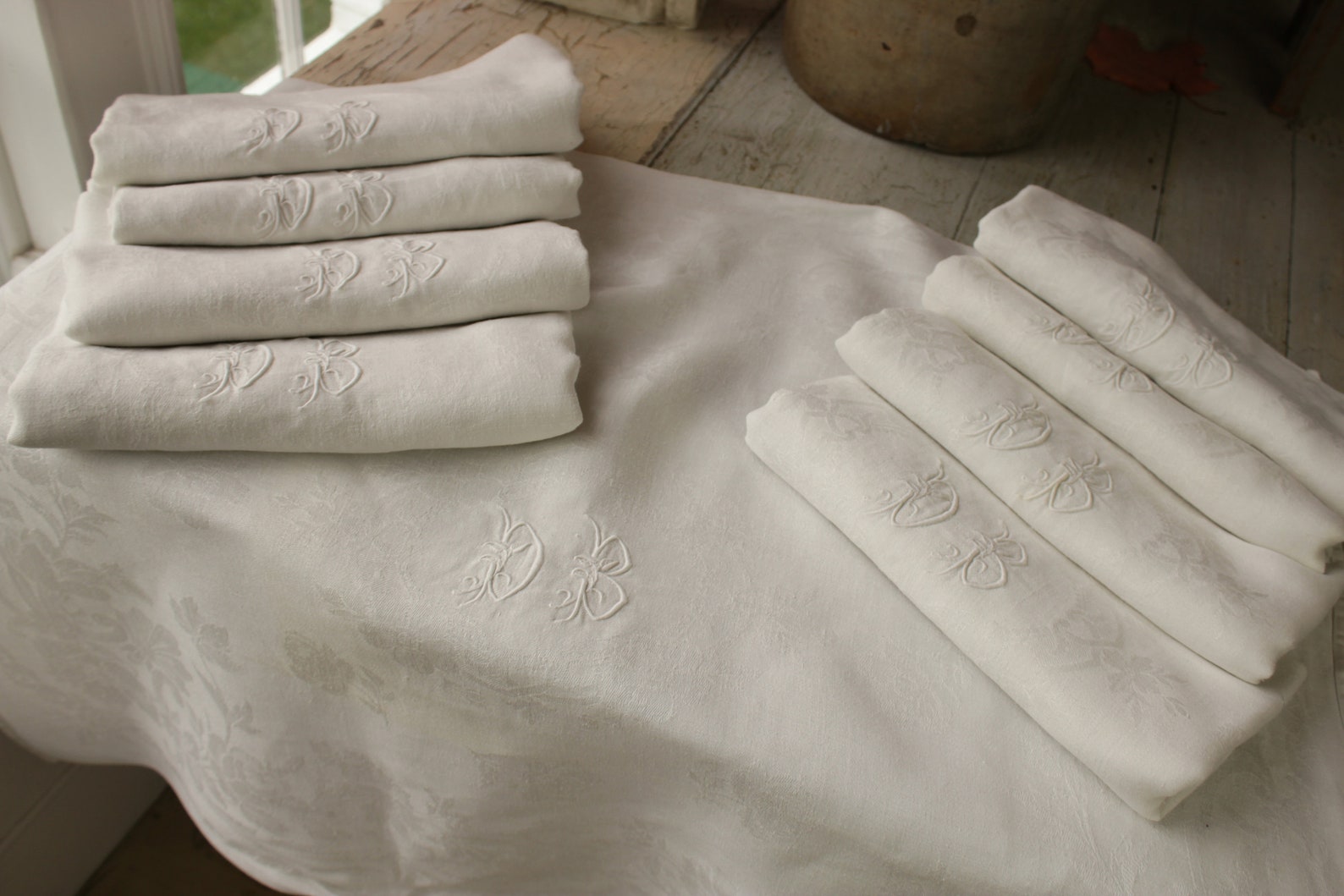 Antique French Set of 9 Large White Napkins Hand Stitched DB Monogram C ...