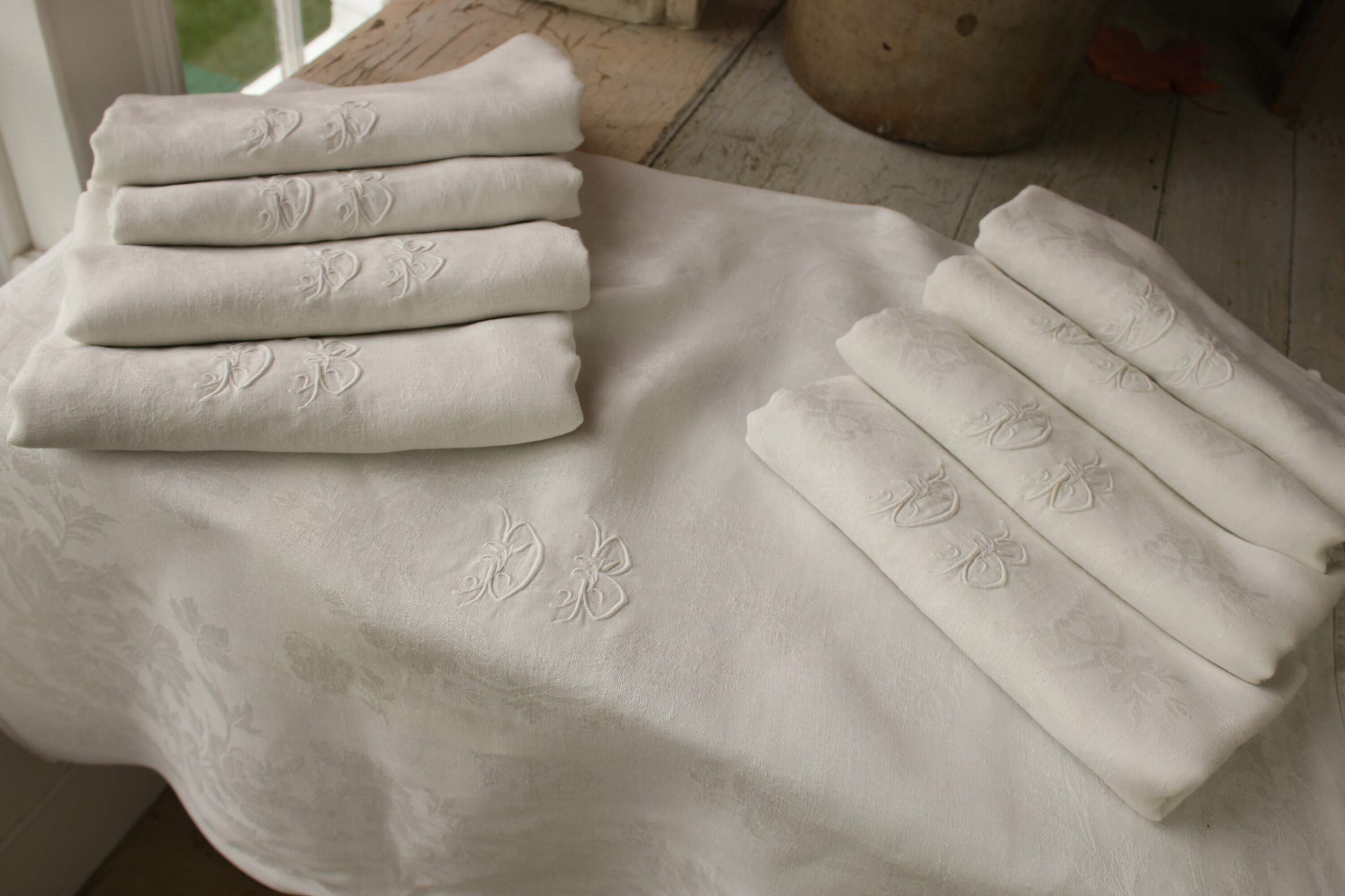 Antique French Set of 9 Large White Napkins Hand Stitched DB Monogram C ...