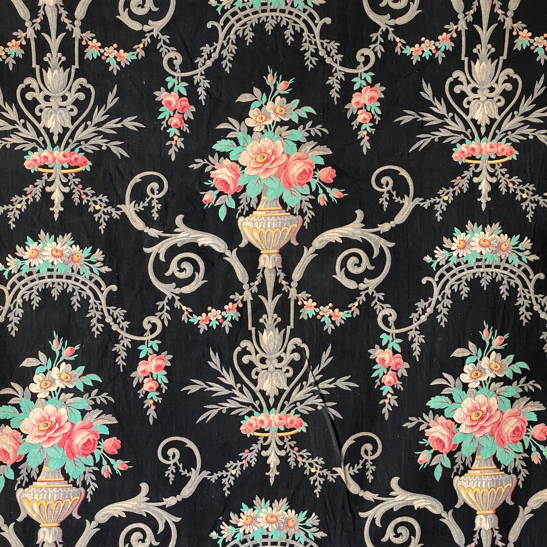 40x32 (2 Available) 1870 Black Rococo Design Fabric Medium Linen Cotton ...
