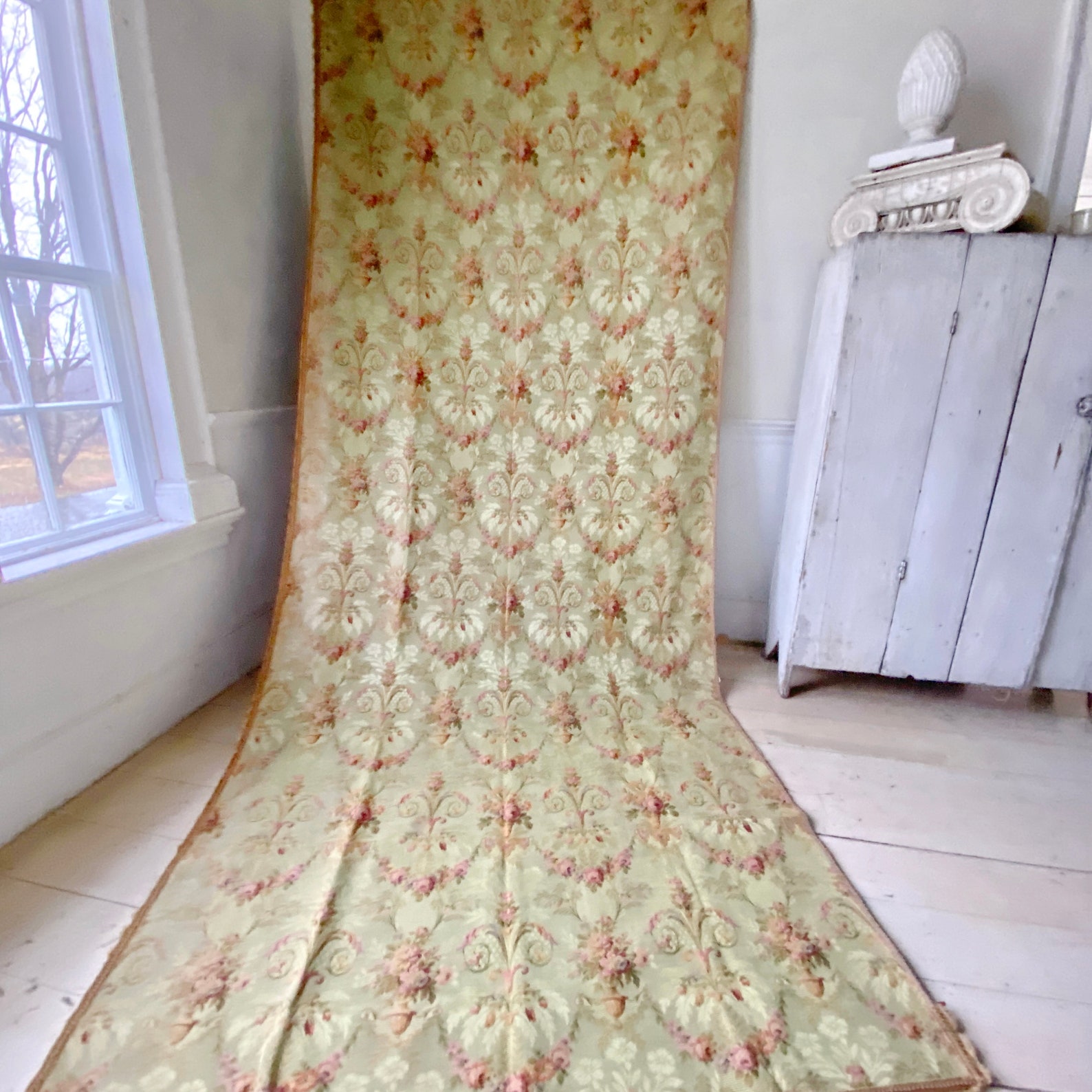 121 X 50 MASSIVE Antique GREEN Rococo French Silk Curtain Design C1920 ...