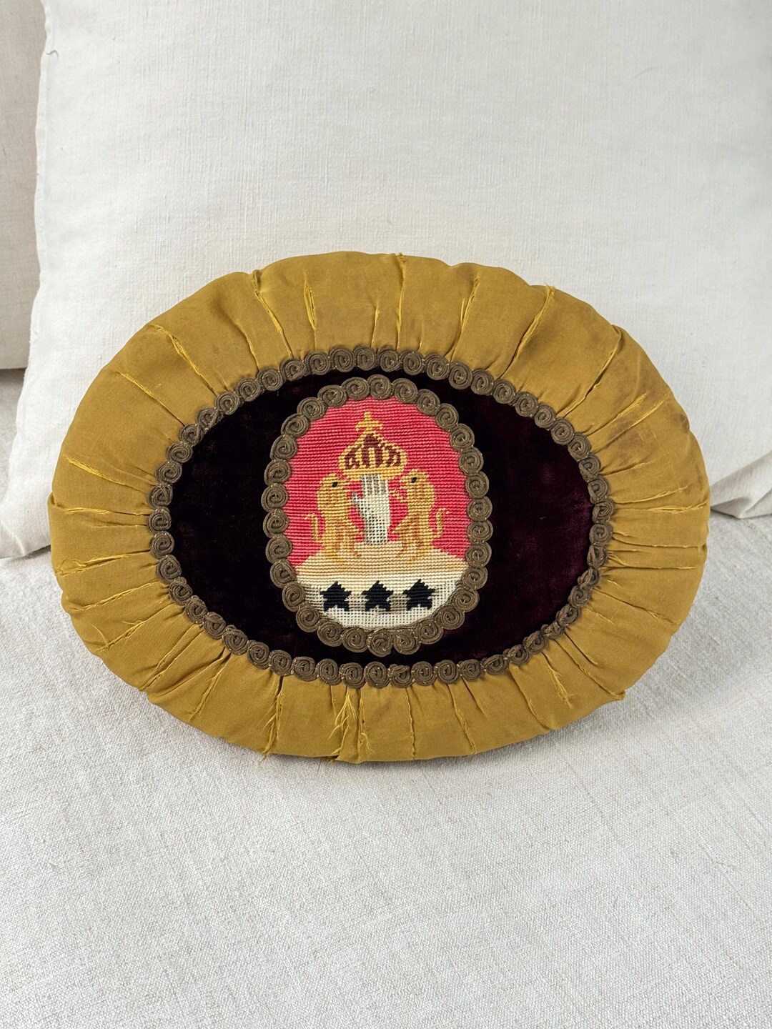15x4 C1890 Victorian Velvet Pillow Heraldic Lions Crest Needlepoint ...