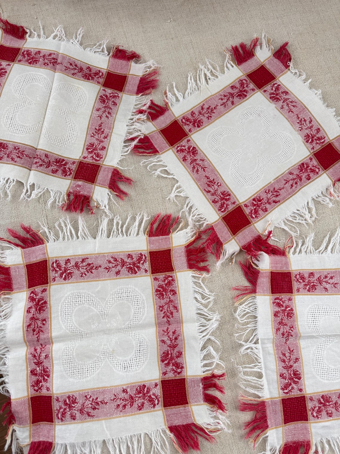 C1880 SET 5 French Napkins Vintage Antique Red White Damask Woven ...
