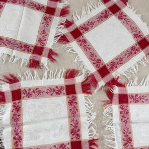 C1880 SET 5 French Napkins Vintage Antique Red White Damask Woven ...