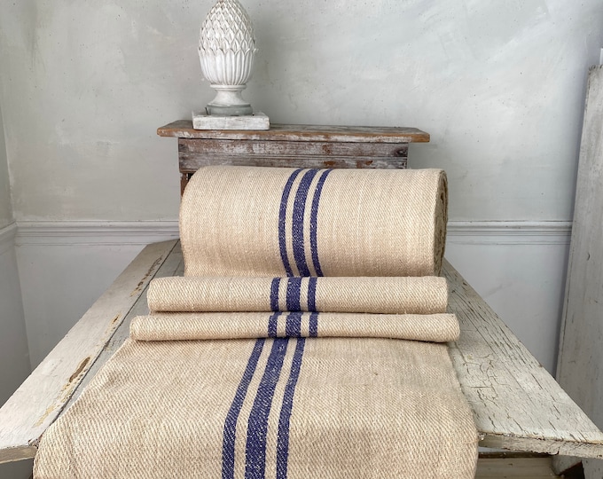 BLUE Stripe Greige Ground Stair Runner Heavy Hemp Grain Sack Fabric by ...