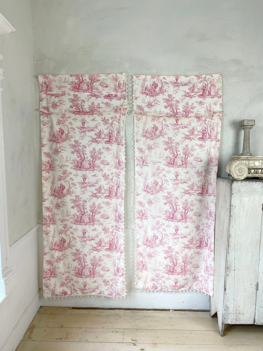 Vintage Romantic Toile Curtain Set of 2 Pink and White 1930s Curtains ...
