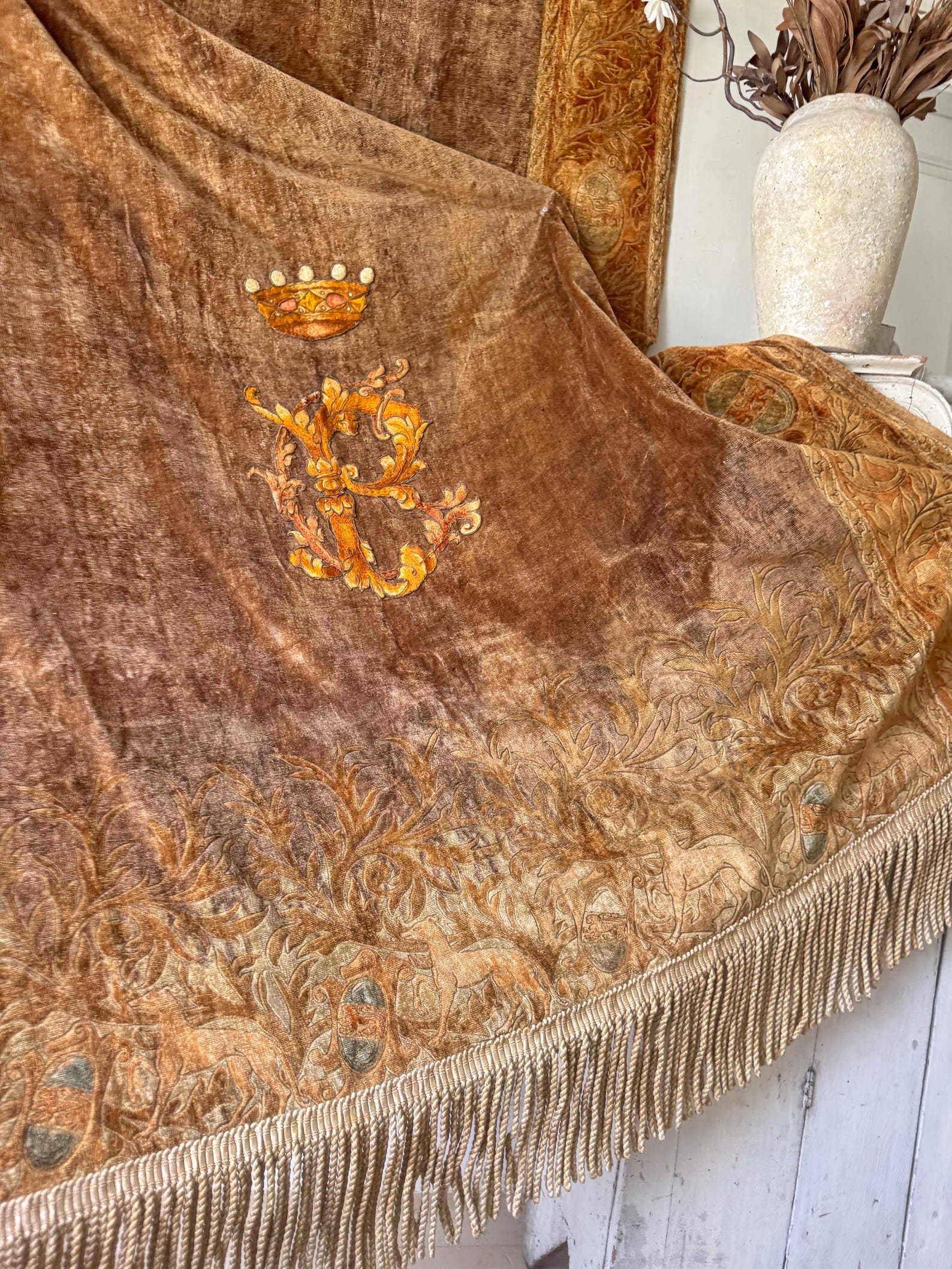 102x70 Antique Velvet Heraldic Embroidered Curtain Arts and Crafts ...
