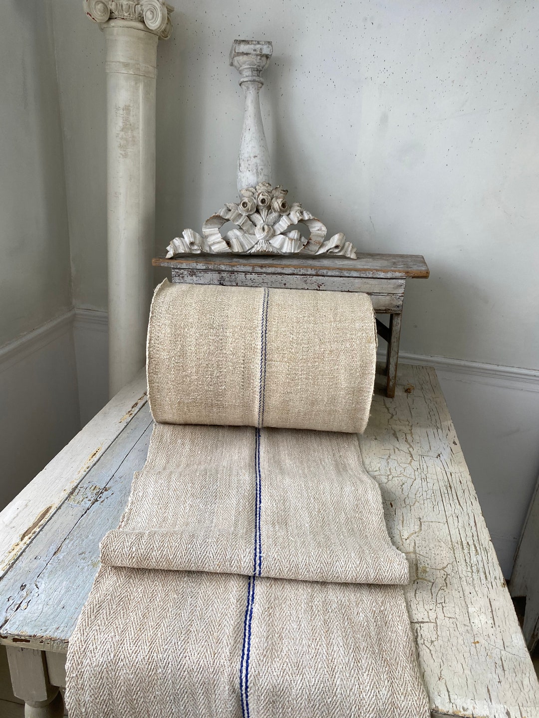 BLUE Stripe Greige Ground Stair Runner Heavy Hemp Grain Sack Fabric by ...