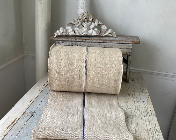 BLUE Stripe Greige Ground Stair Runner Heavy Hemp Grain Sack Fabric by ...