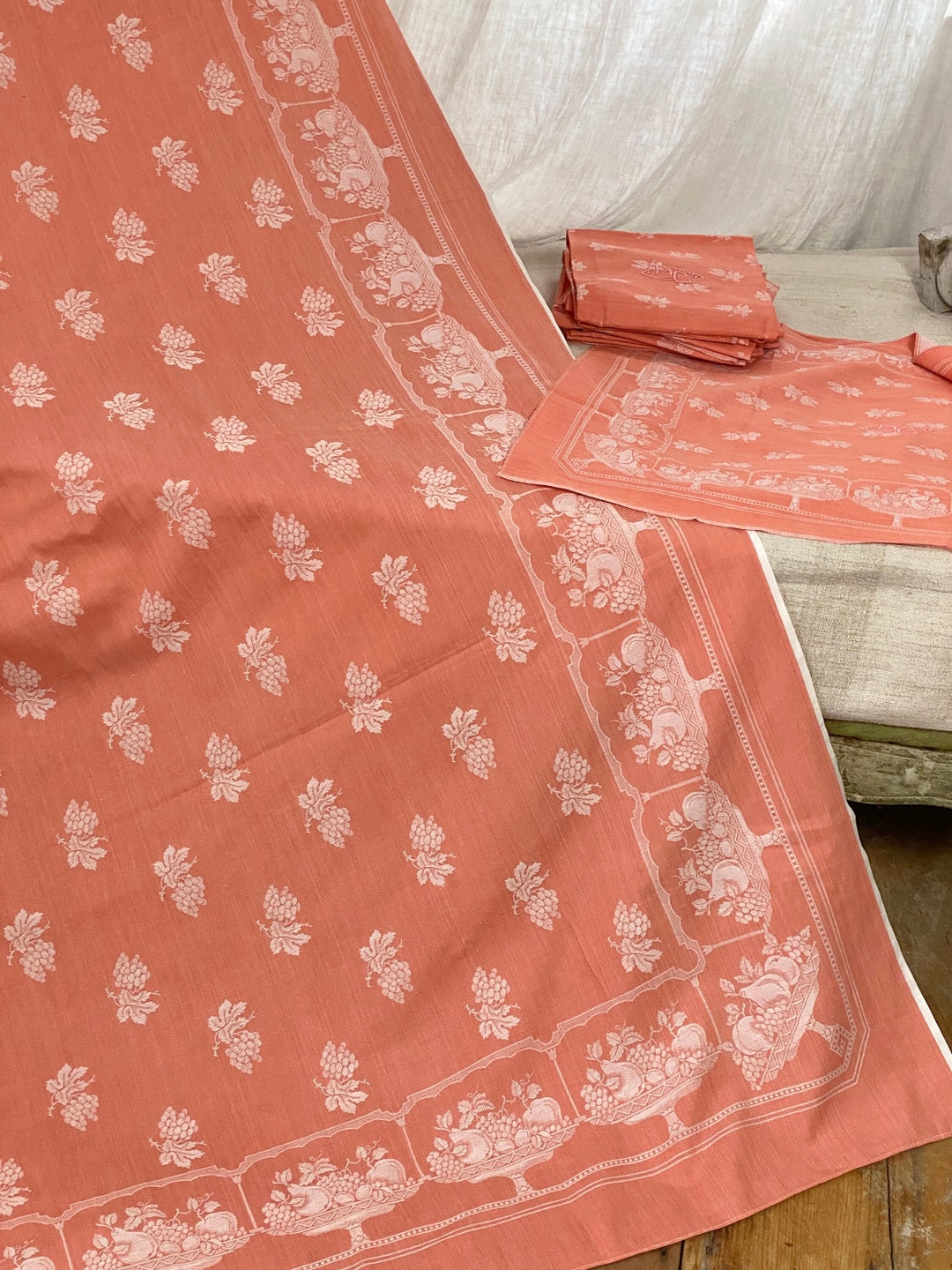96x58 AC Monogram Peach Damask Fruit Bowl L French Tablecloth Vintage ...
