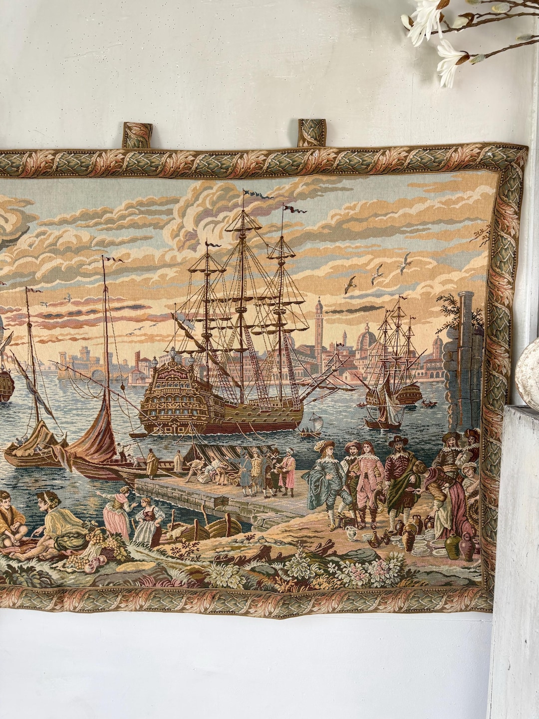 81x40 Vintage French Tapestry Seaport Harbor Ships Sailing Boats ...