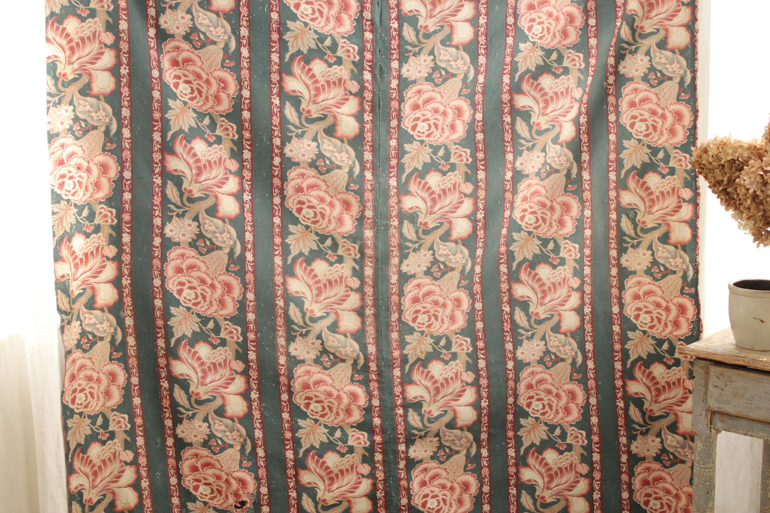French Fabric Floral Cretonne Weave Printed Cotton Antique Textile ...