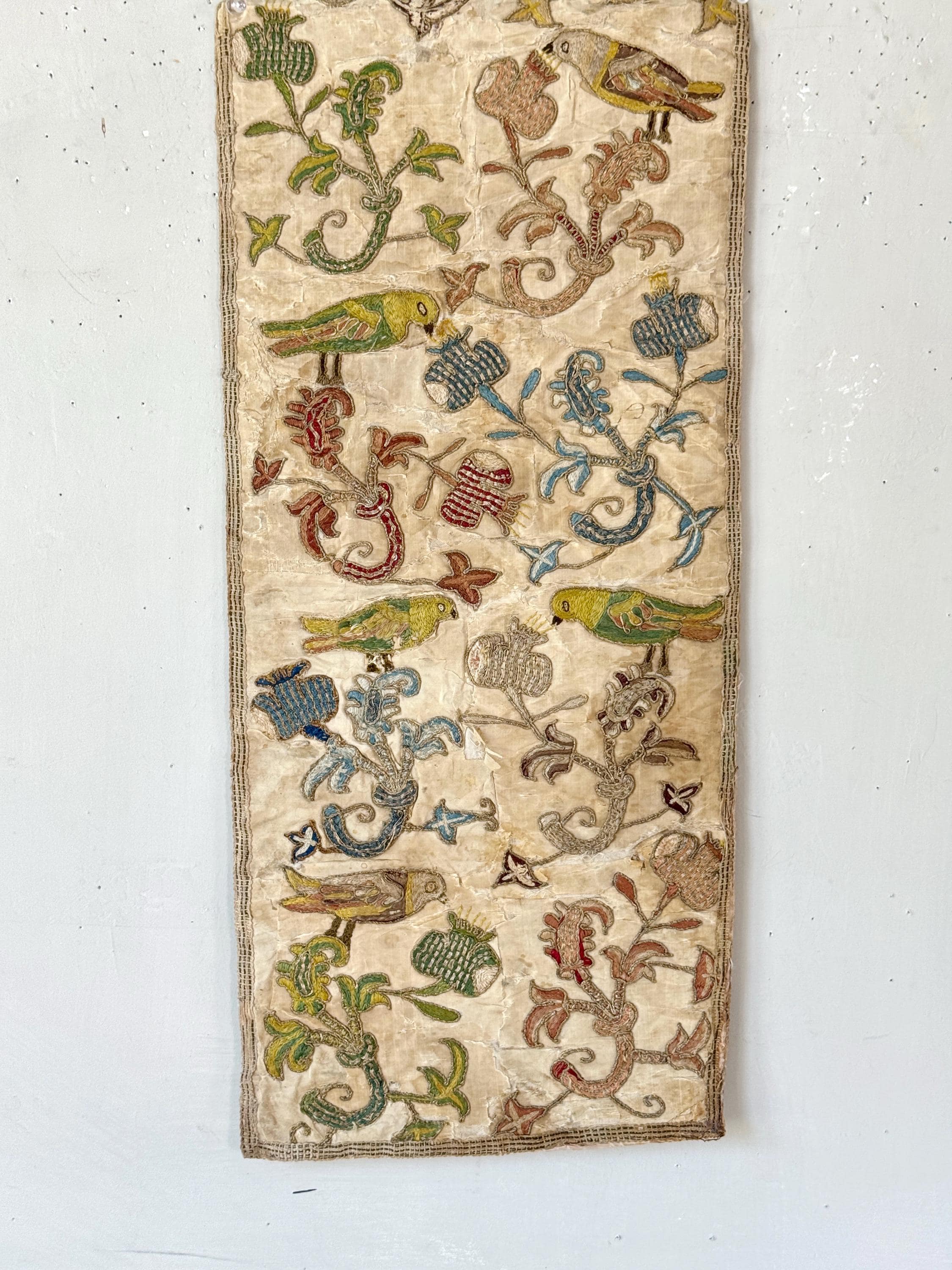 10x23 18th English Embroidered Textile Bird Floral Silk Hand Stitched ...