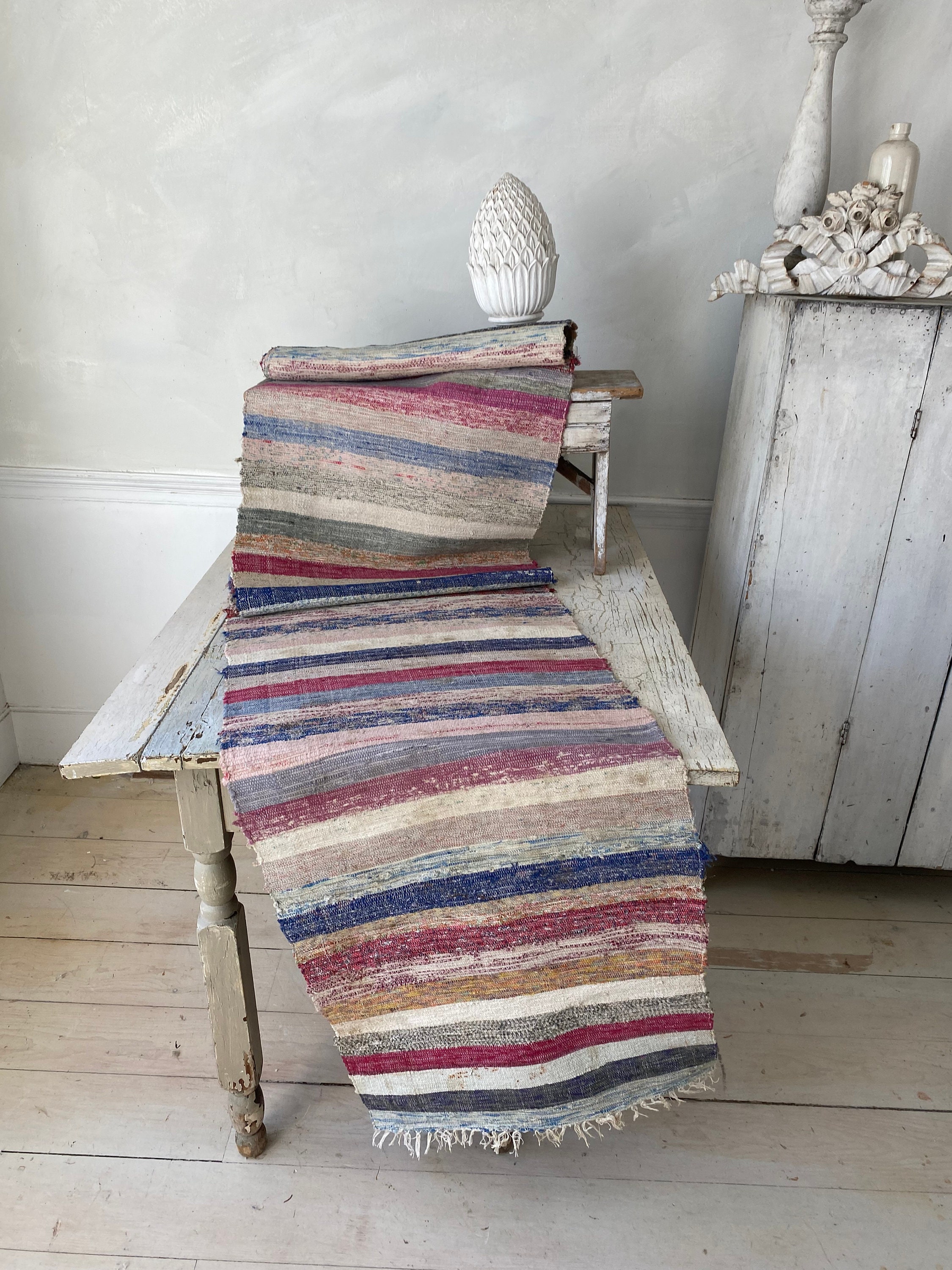 European Rag Rug Hand Woven Vintage Plaid Striped Runner Carpet ...