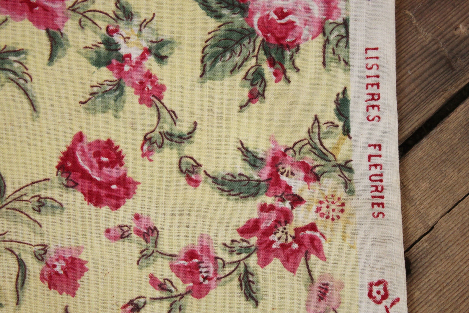 Vintage French Floral Fabric Pink Rose Flower Design on Yellow | Etsy