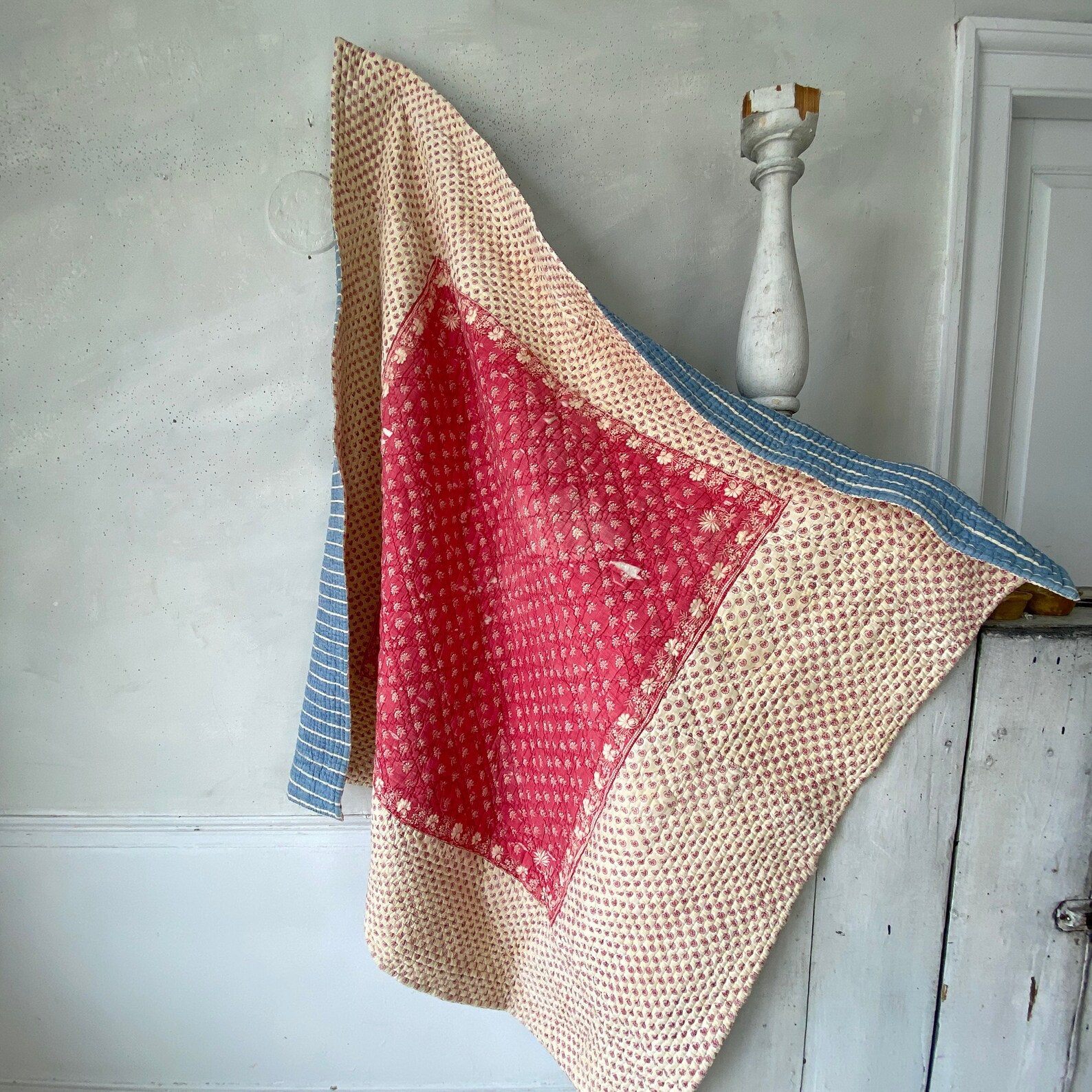 Provence Antique French Boutis Quilt Pink Blue 18th 19th Century Fichu ...