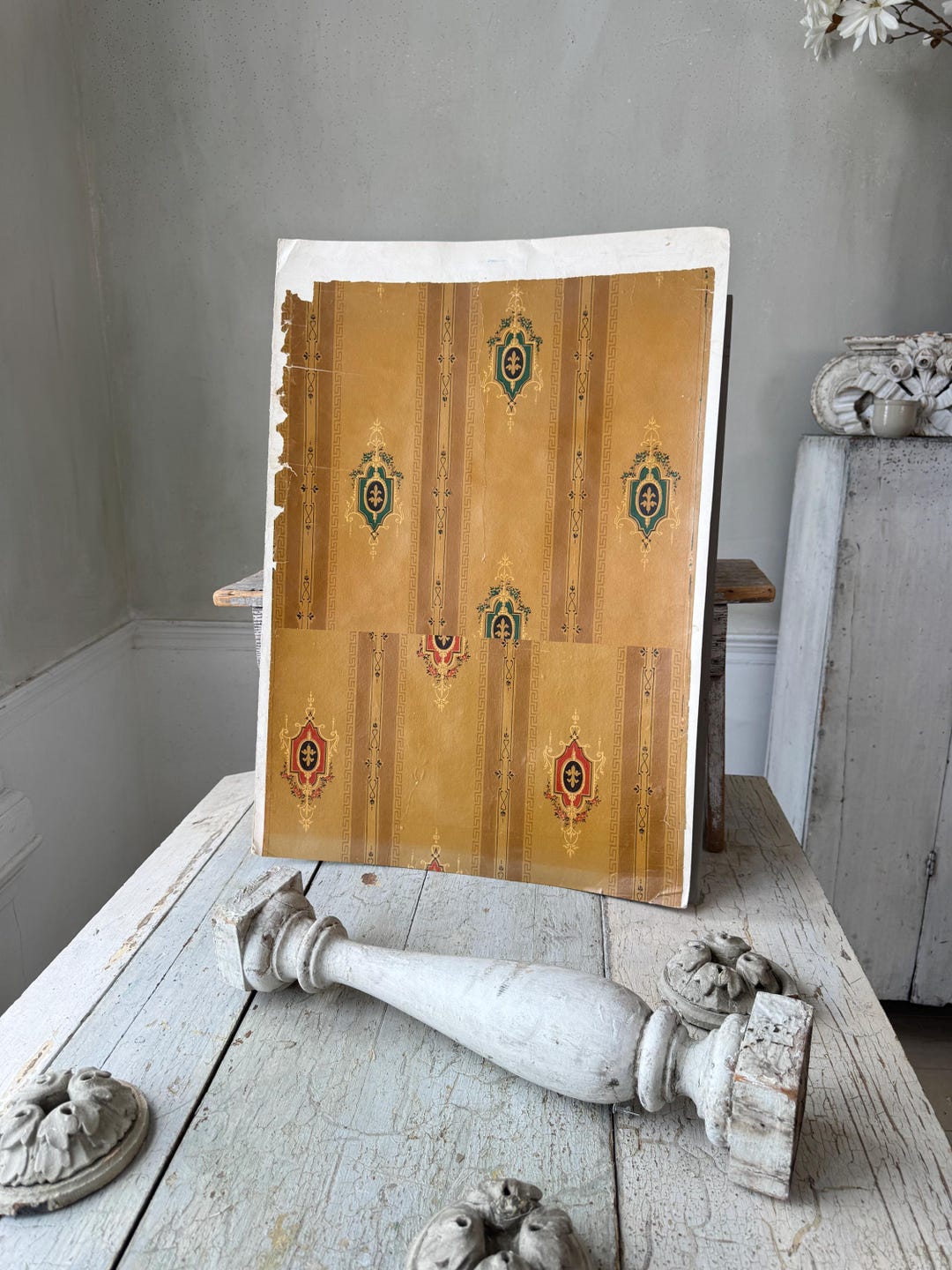 25x20 Frameable Antique French Wallpaper Wall Art Hand Block Printed ...