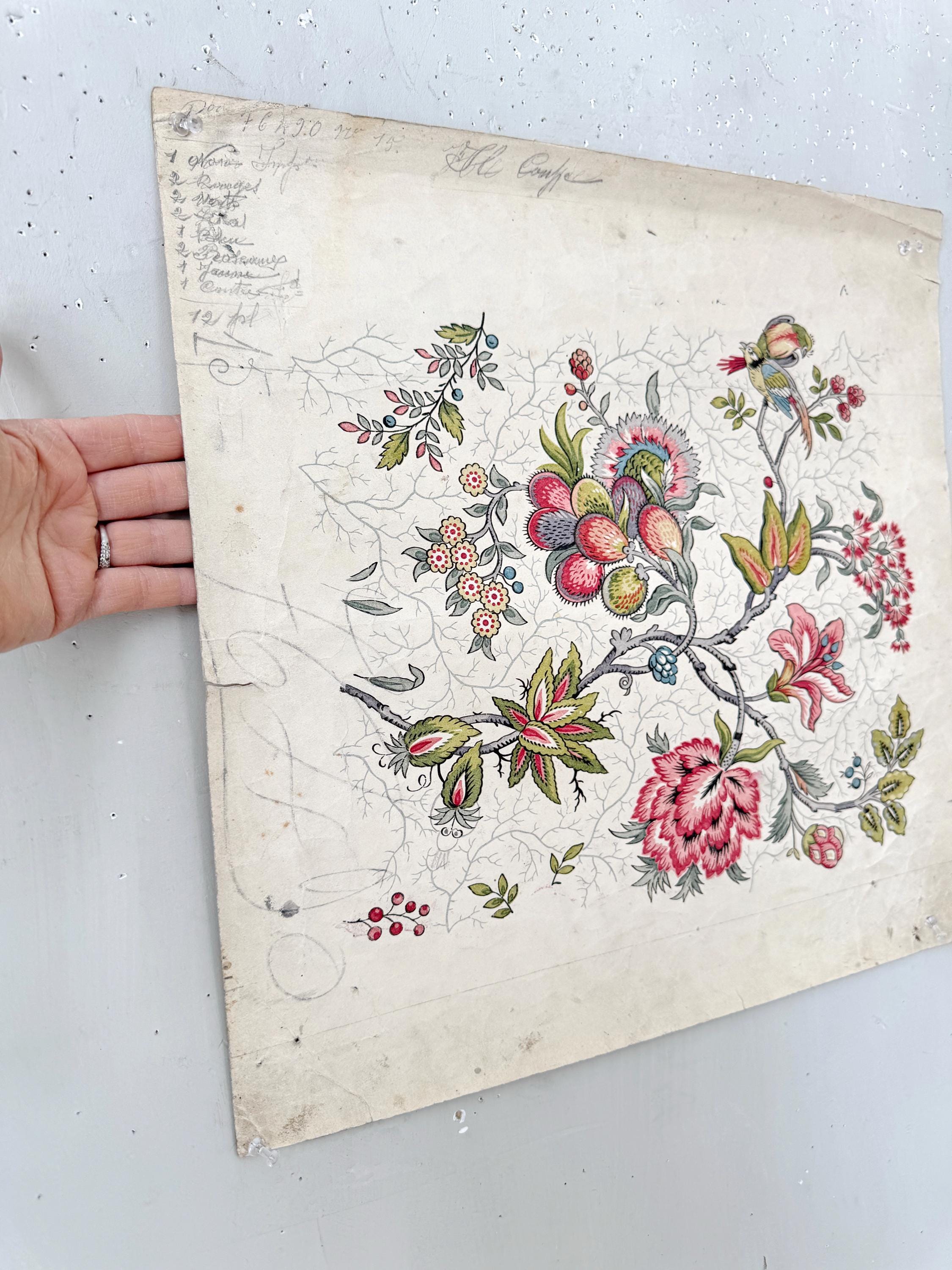 1790’s Antique French Textile Drawing Indienne Bird Floral Gouache 18th ...