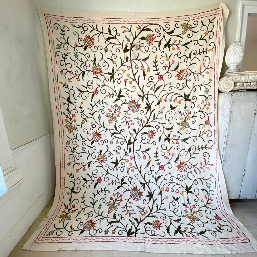 Vintage / Antique Crewelwork Crewel Work Embroidered Wool Textile Curtain Bedcover Bed Spread ...