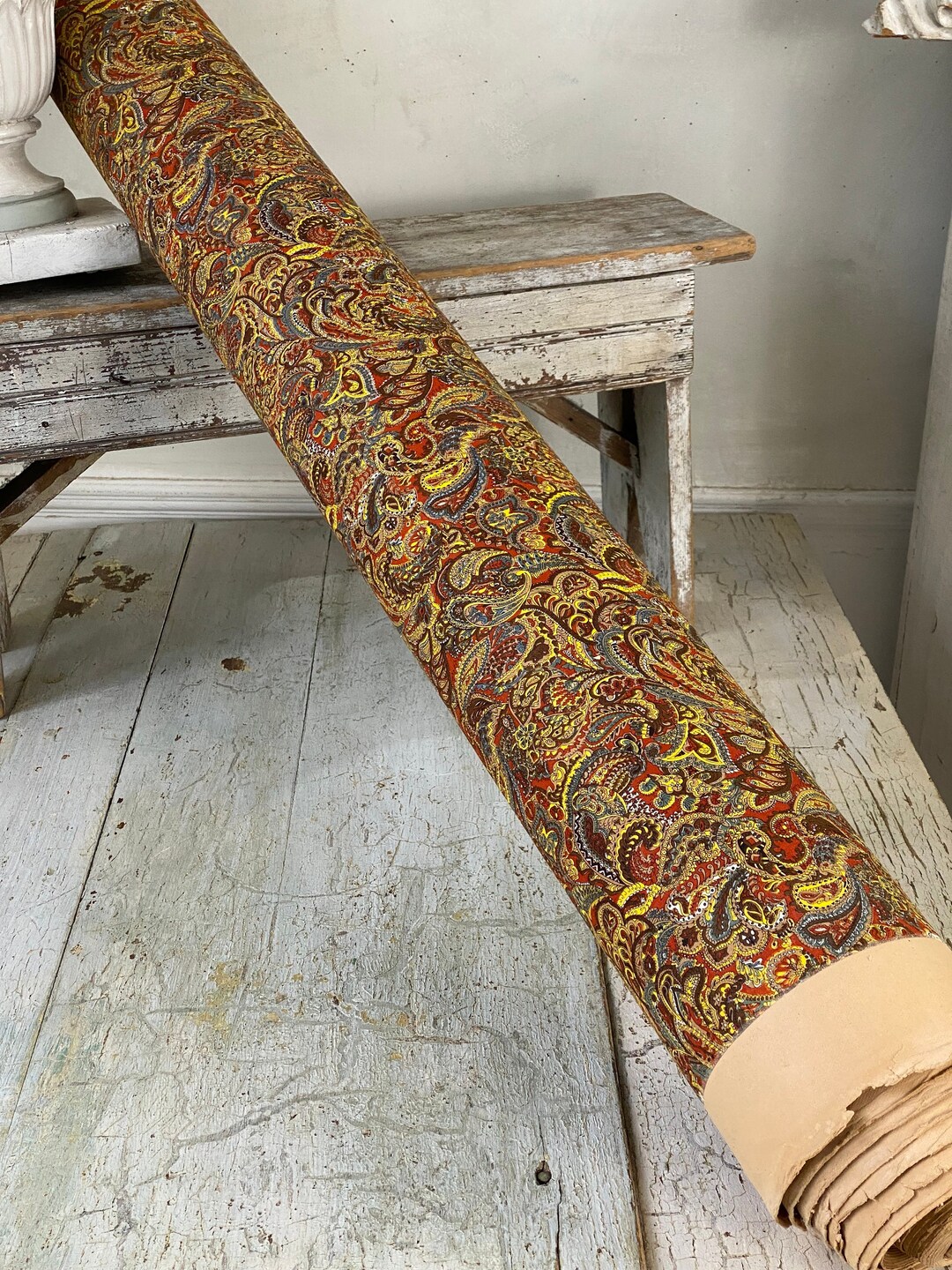 7.3 Yards Bolt Vintage American PAPER Backed Paisley Fabric Heavy Thick ...