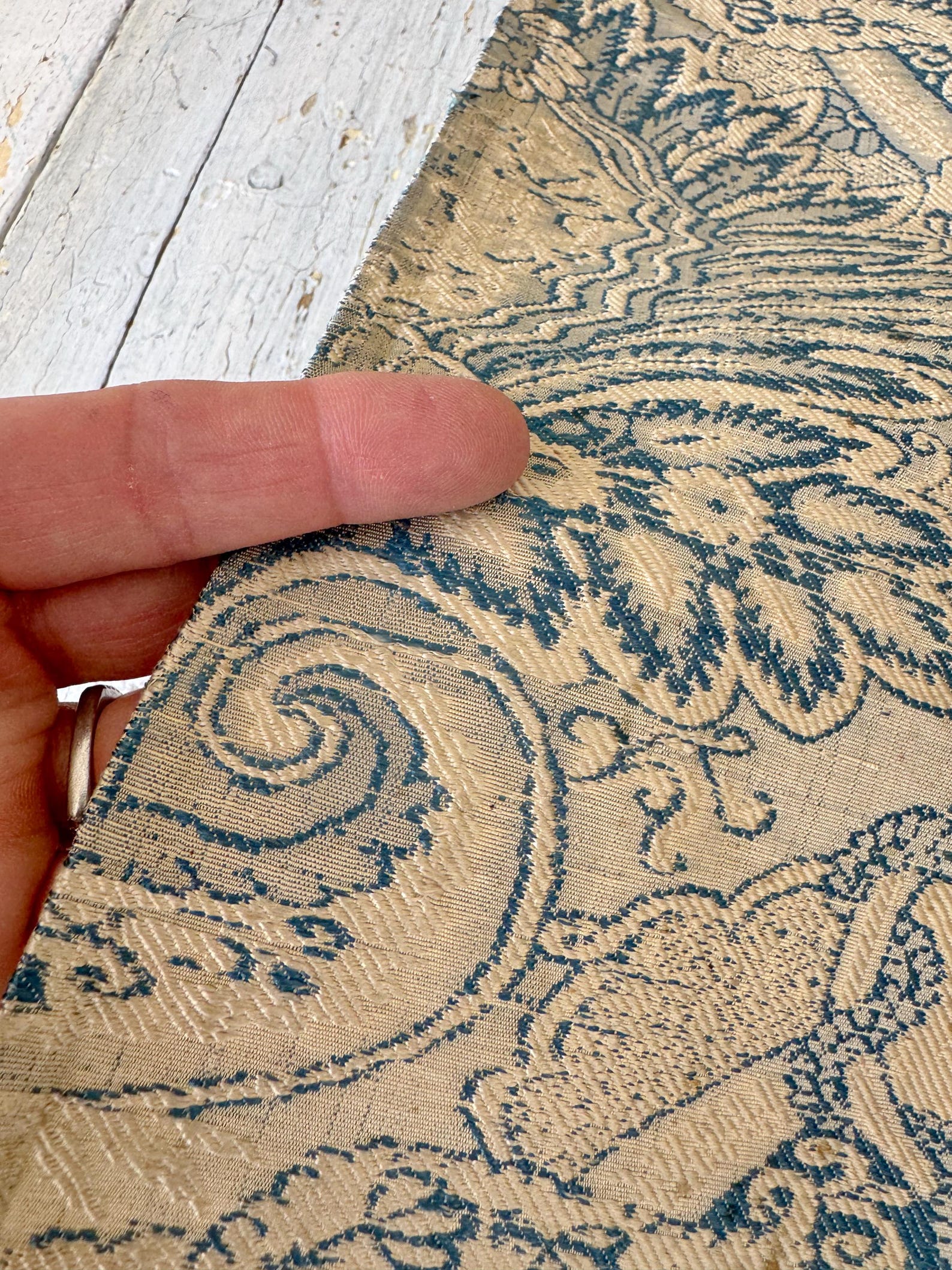 20.5 X 40 17th / 18th Century Hand Woven Silk Damask Blue Neutral ...