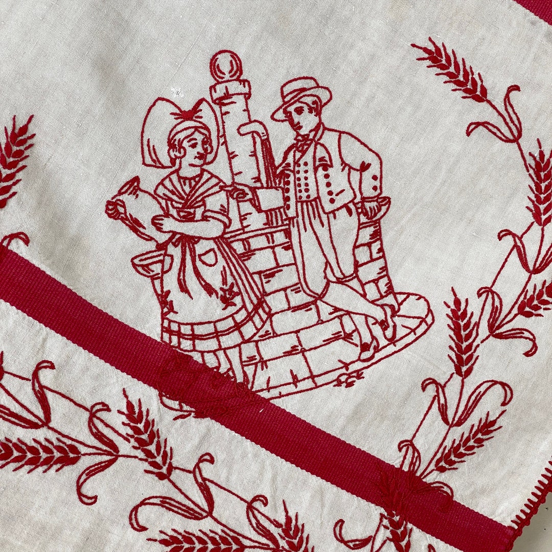 French Vintage 1930's Red Work Embroidery Alsace Alsatian Linen Redwork ...