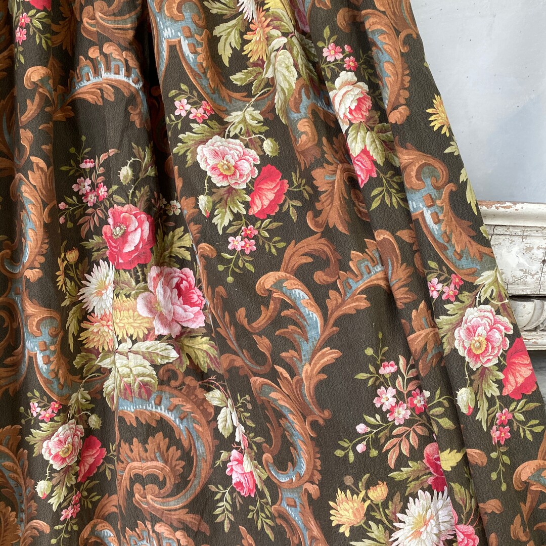 1870 Antique Rococo Floral Curtain Drape French Textile AMAZING Khaki ...