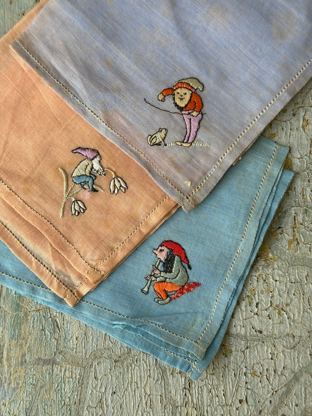 3 Vintage French GNOME Gnomes Elves Elf France Hankies Napkins ...
